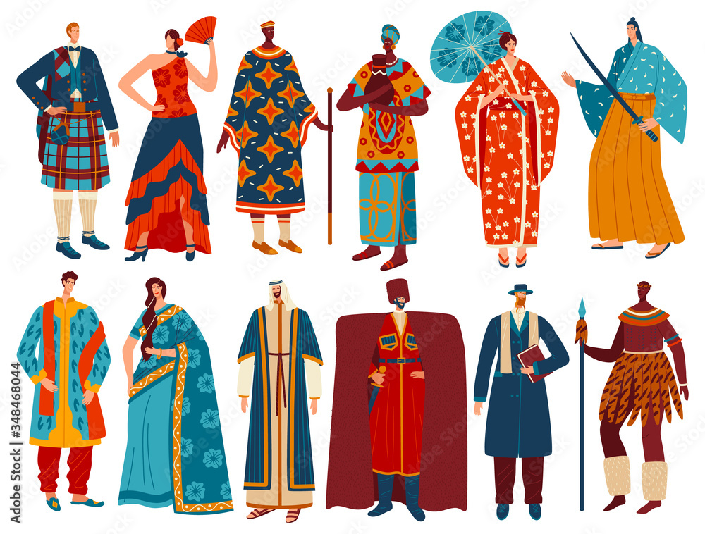 Multicultural people in traditional national costumes, isolated cartoon ...