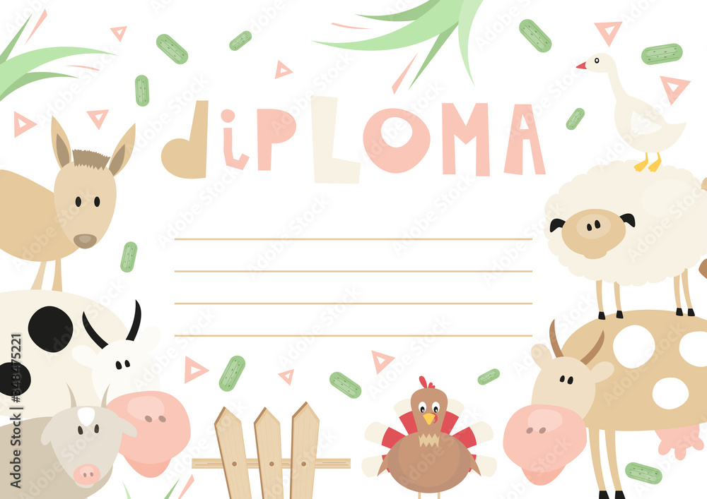 Certificate Kids Diploma. Little Farmer Theme - Cartoon Farm Animals ...