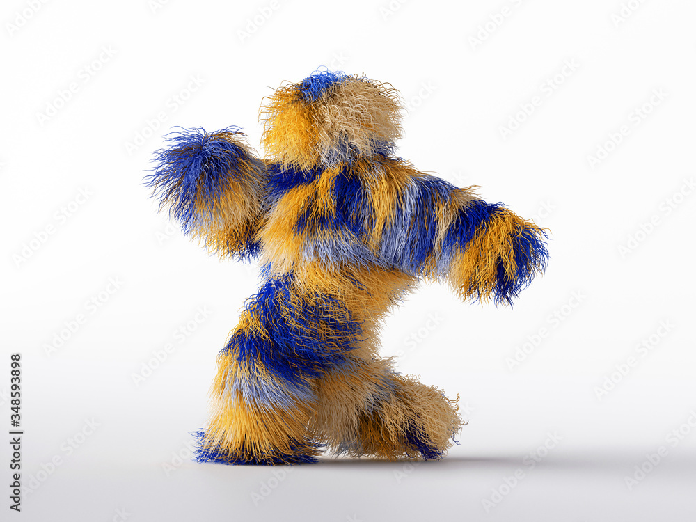 3d render, hairy cartoon character isolated on white background, active ...