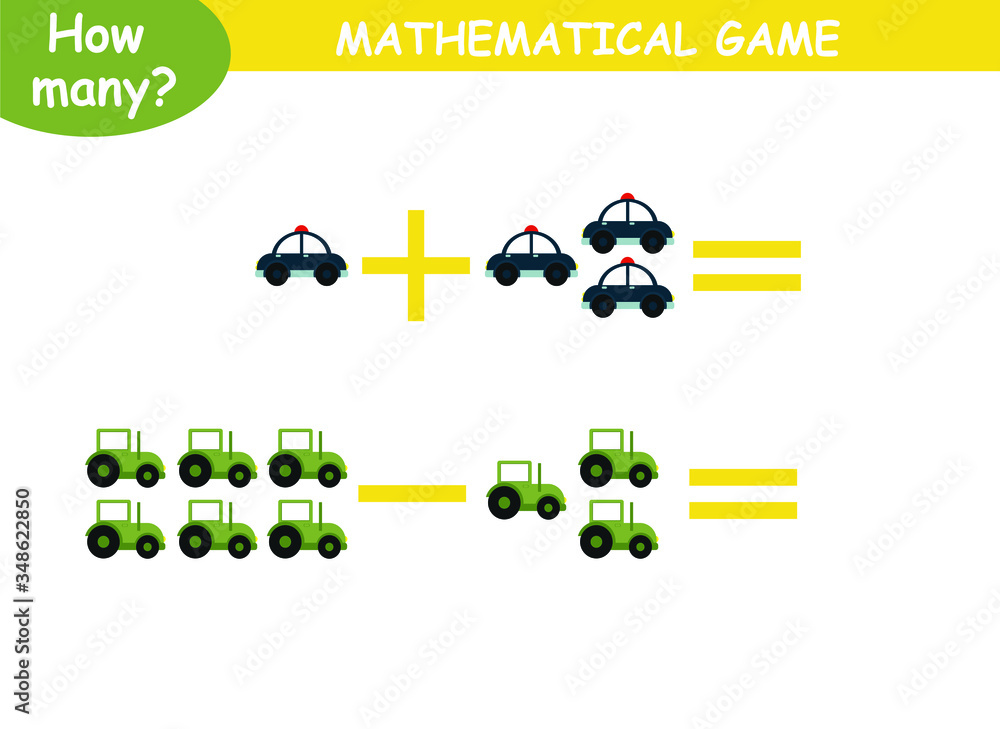 examples of addition and subtraction with cars. educational page with ...