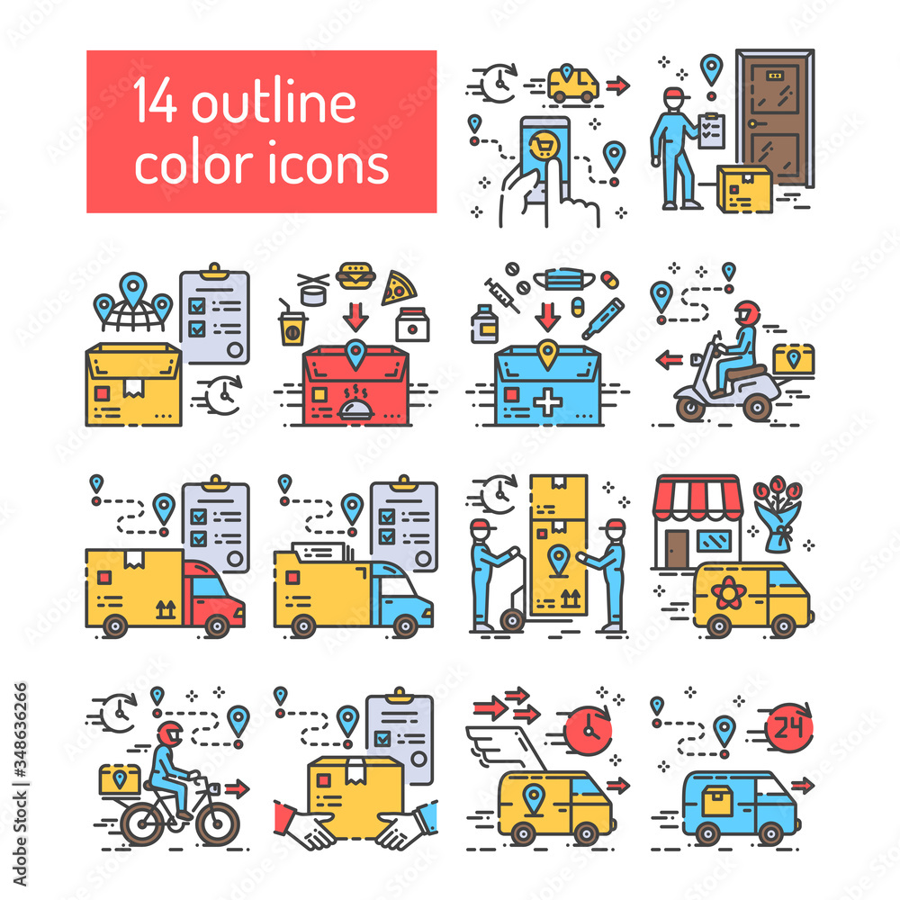Delivery color line icons set. Freight transport. Express shipping ...