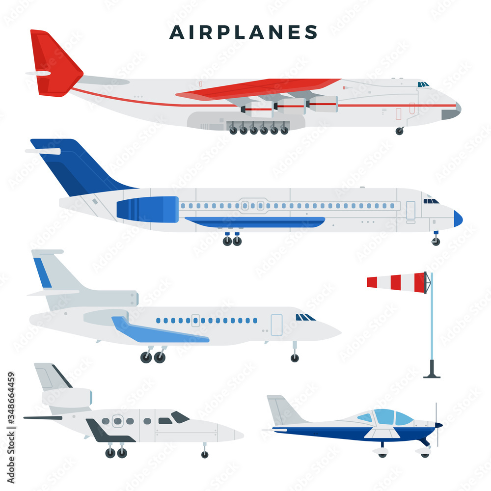เวกเตอร์ Stock Passenger and cargo airplane, set. Airplanes, side view ...