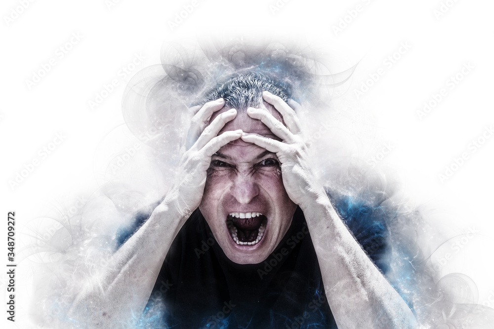 Screaming man, concept of anger, frustration, headache, electricity ...