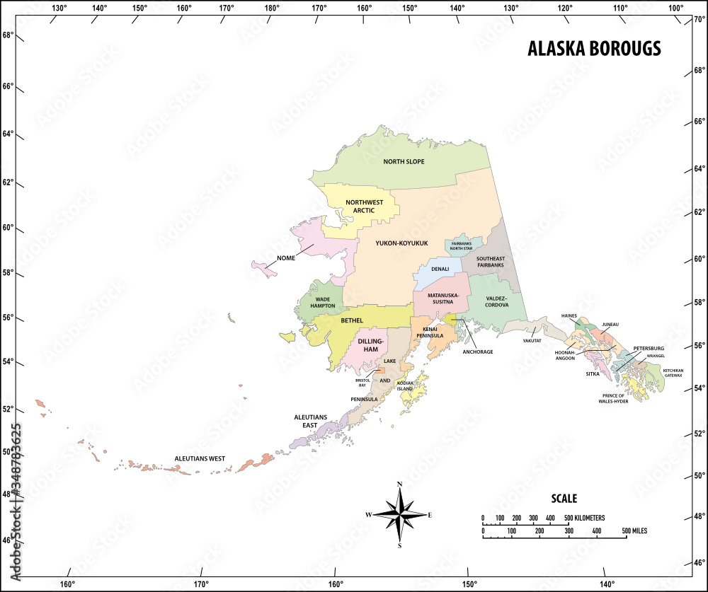 Alaska state outline administrative and political vector map in color ...