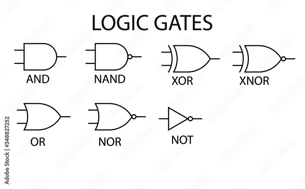 Digital logic gate symbols, black isolated on white background, vector ...