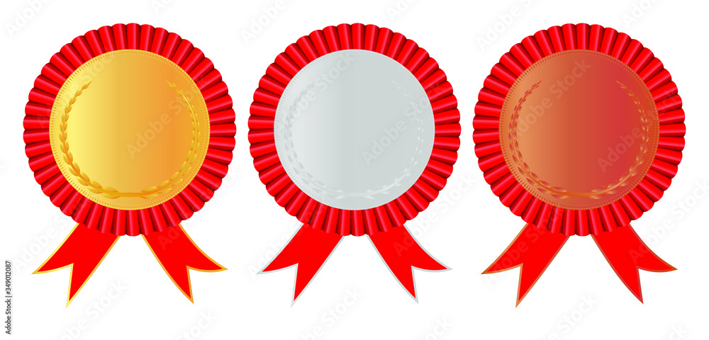 Gold, silver and bronze medals with arms and red ribbons. Medals for ...