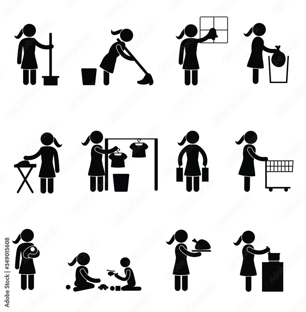 Stick figure woman maid mother doing chores stay at home pandemic Stock ...