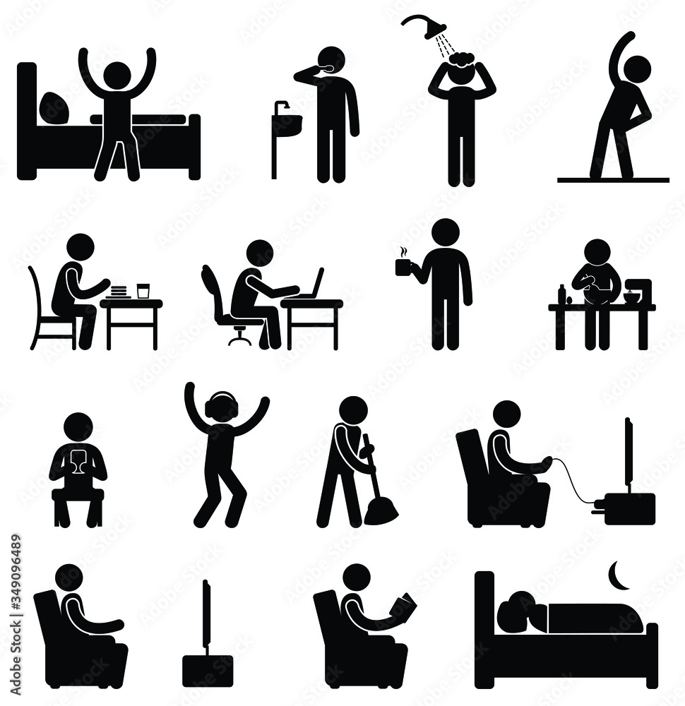 Stick figure stay at home daily routine pandemic Stock Vector | Adobe Stock