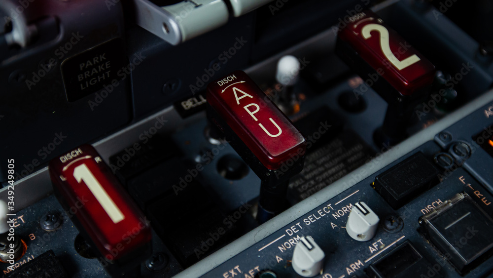 Details of modern transport airplane cockpit showing jet engine and apu ...