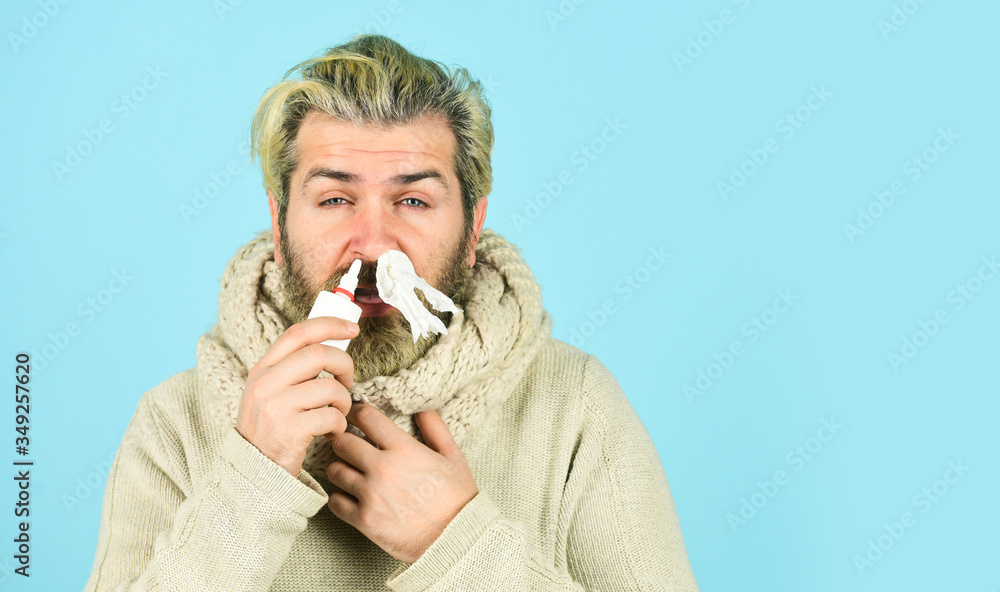 Стоковое фото «Cold flu remedies. Runny nose recovery. Runny nose and ...