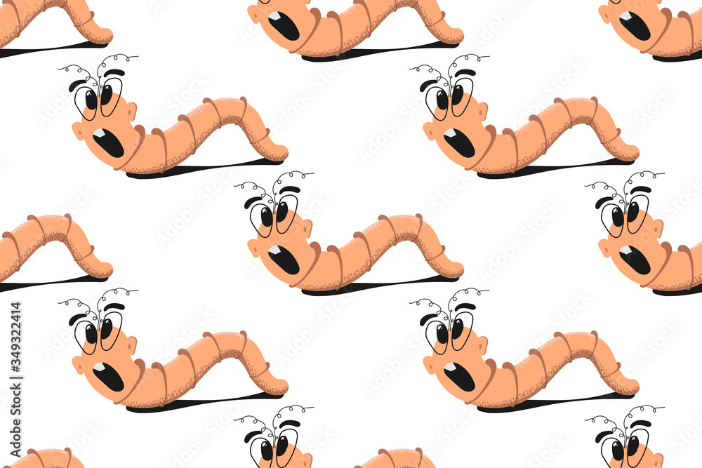 Seamless pattern fun larva. Cute cartoon worm with glasses and scared ...