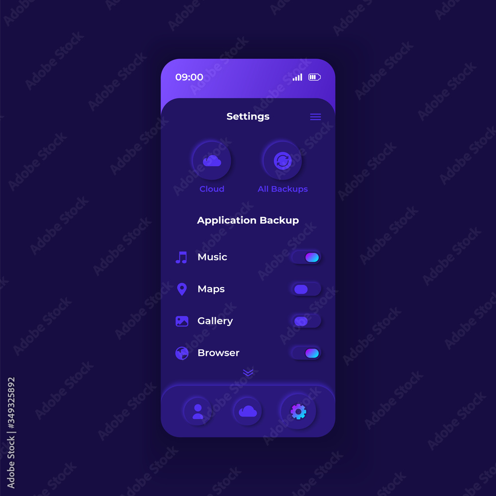 Backup parameters smartphone interface vector template. Mobile app page dark design layout ...