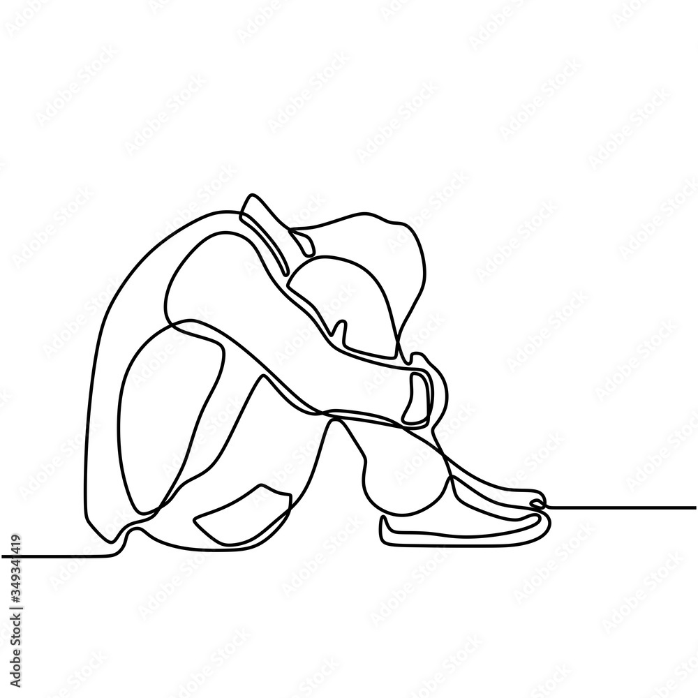One line drawing of sad man hugs his knee and covering his face on ...