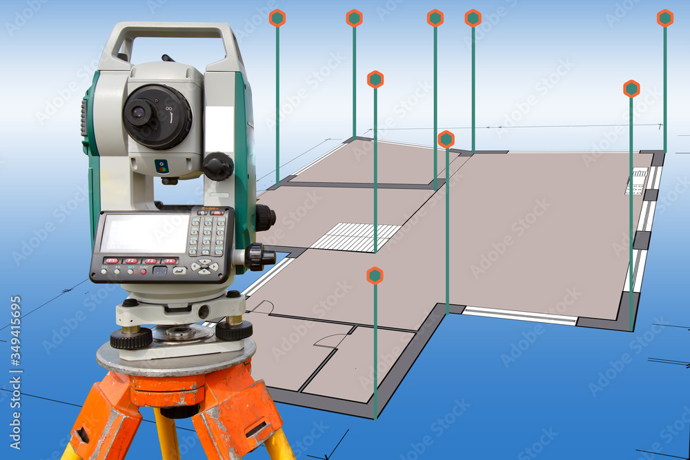 Surveyors station next to floor plan. Breakdown geodetic axes for building. Prismatic reflectors ...