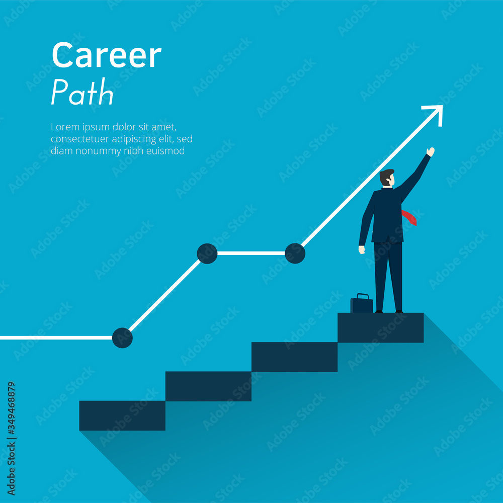 Career path concept. Businessman character planning achieve goal in the ...