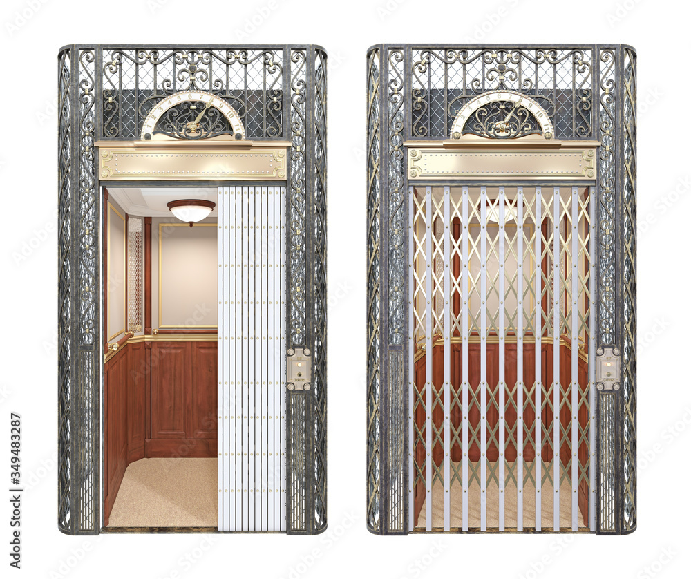 Antique vintage elevator with forged decorative elements with open and ...