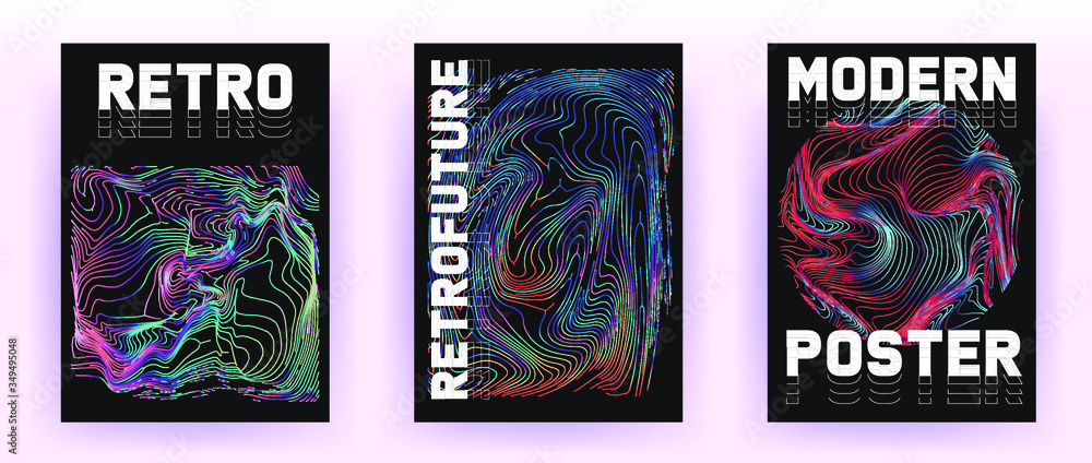 Set of retrofuturistic posters with holographic chromatic shapes in ...