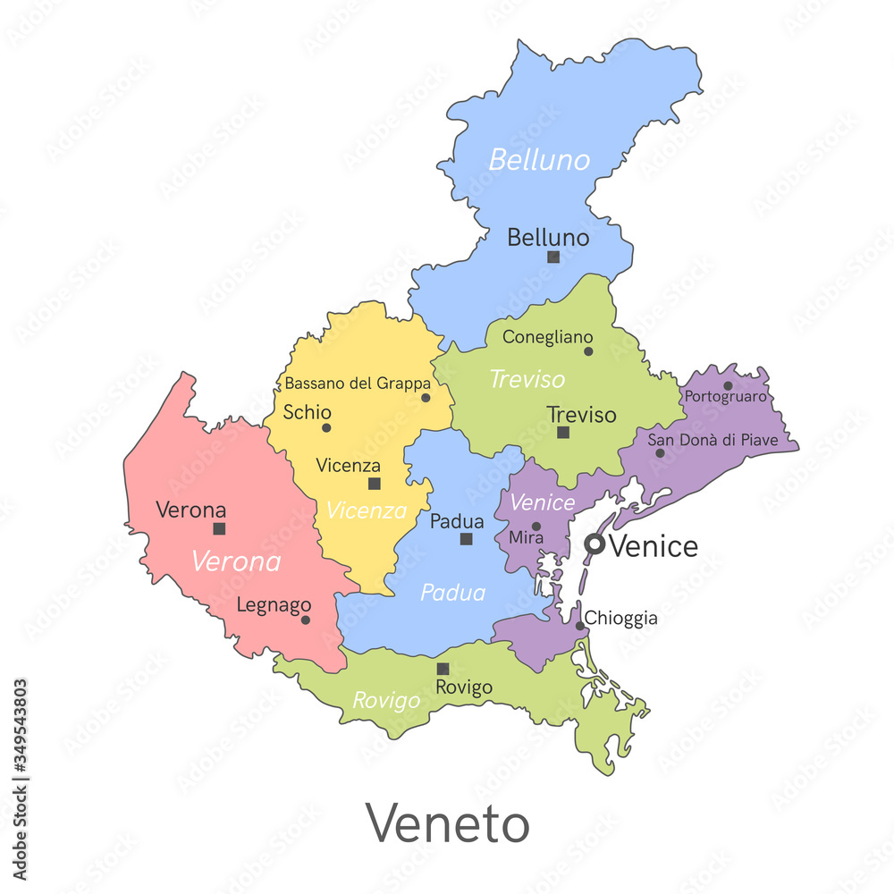 Vector illustration: administrative map of Veneto with the borders of ...