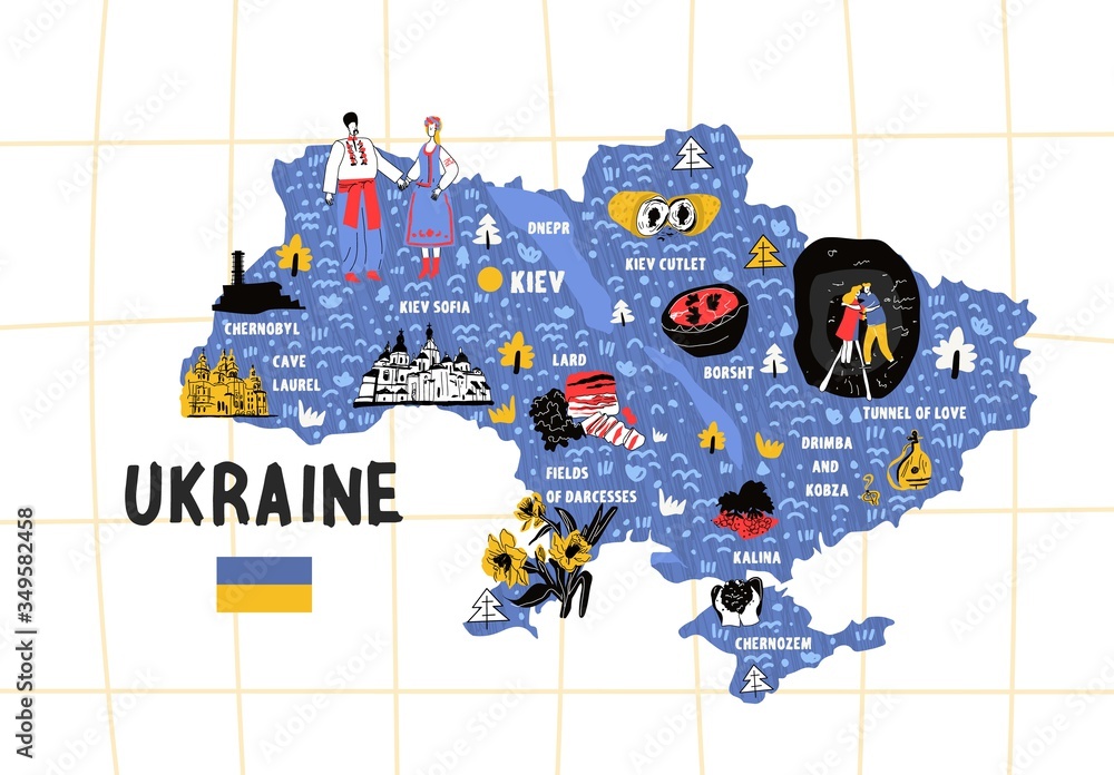 Ukraine map flat hand drawn vector illustration flag. Names lettering ...