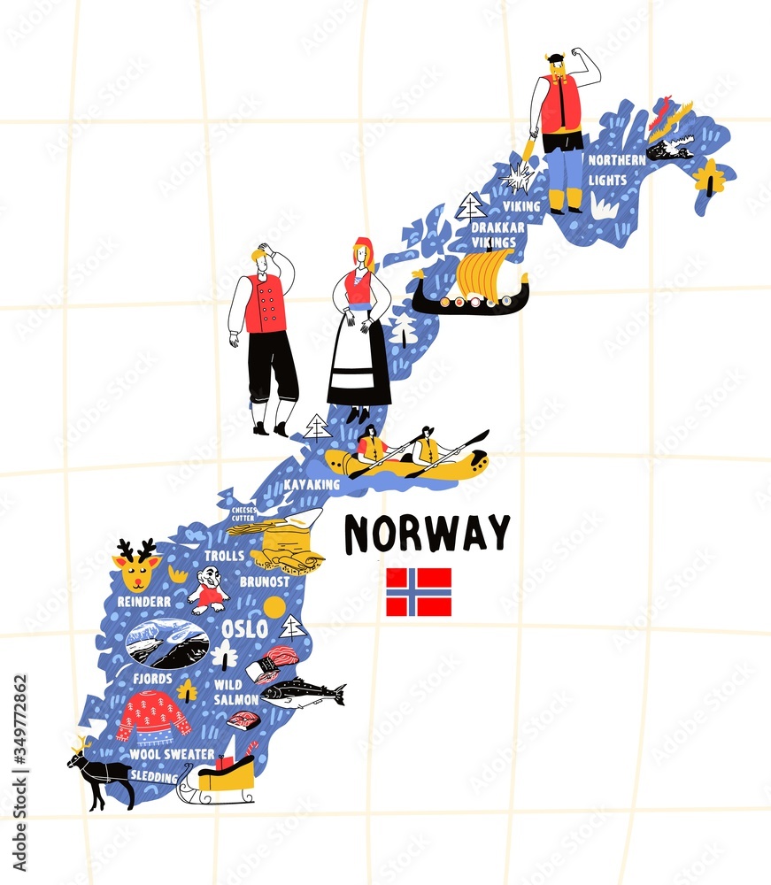 Norway map flat hand drawn vector illustration flag. Names lettering ...