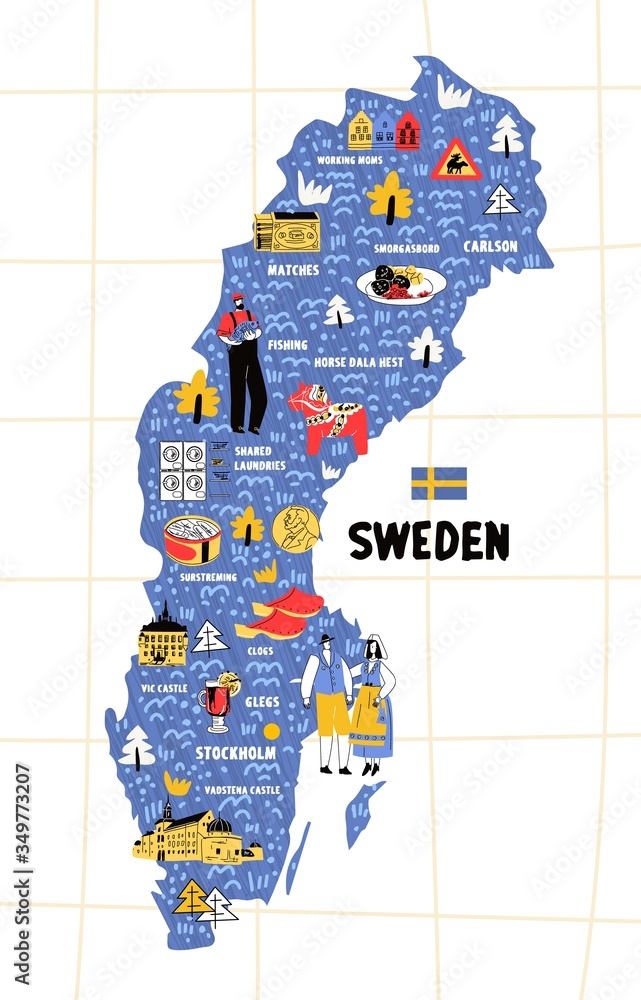 Sweden map flat hand drawn vector illustration flag. Names lettering ...