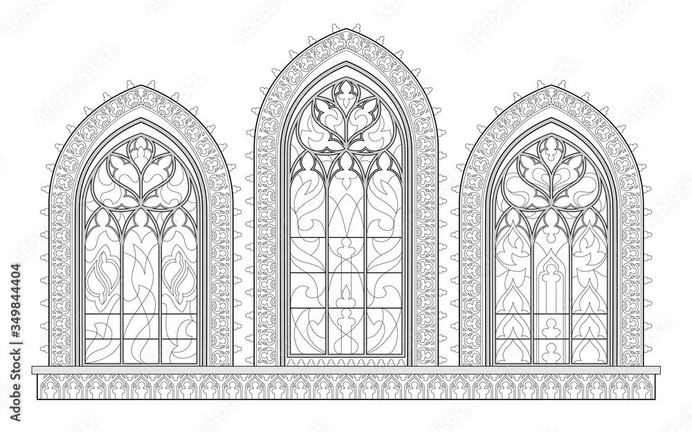 Black and white drawing for coloring book. Beautiful medieval stained ...