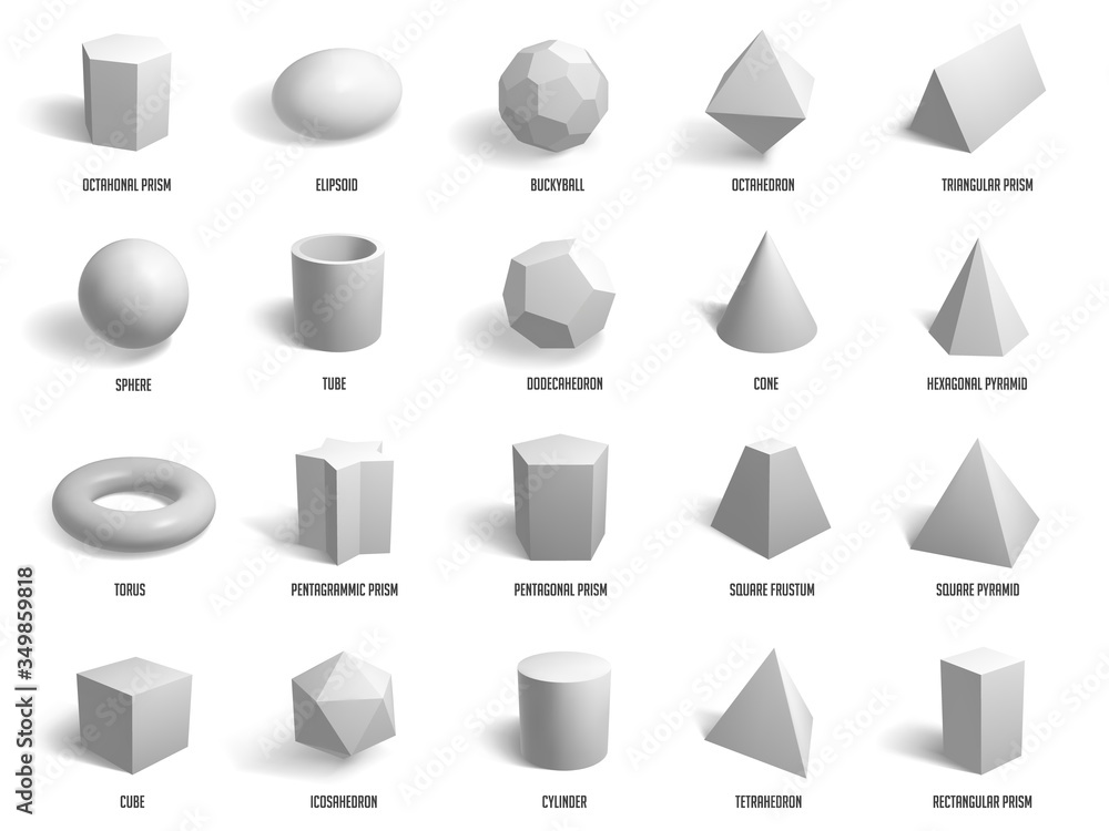Realistic basic 3d shapes. Geometry sphere, cylinder, pyramid and cube forms, geometric shapes ...