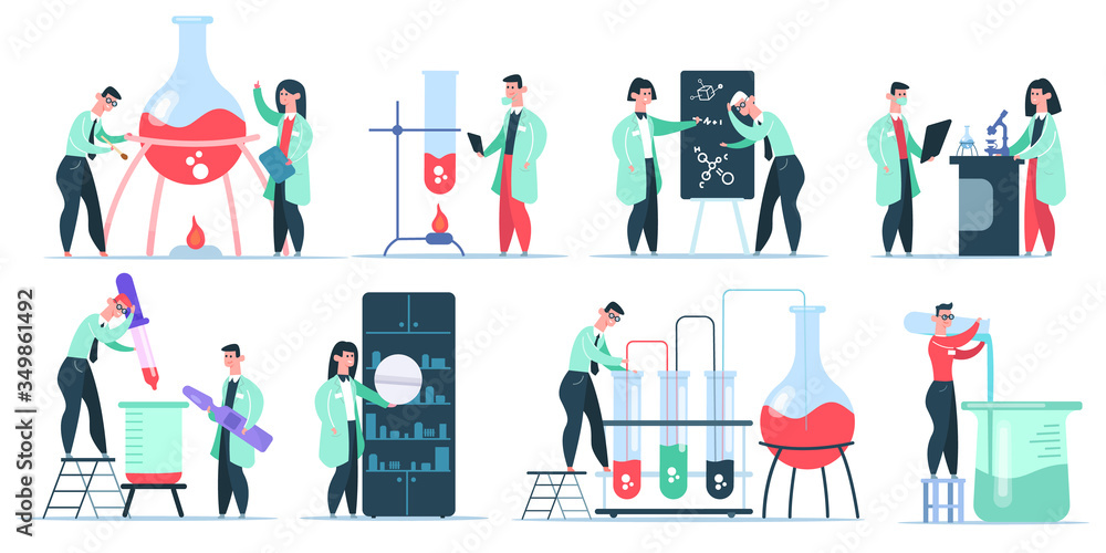 Science chemist characters. Science laboratory research, working ...