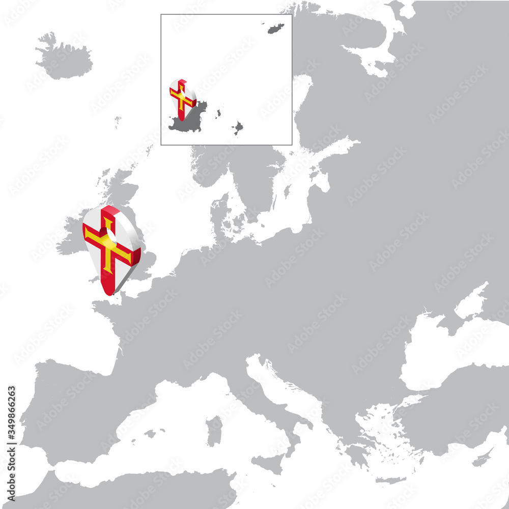 Guernsey Location Map on map Europe. 3d Guernsey flag map marker ...