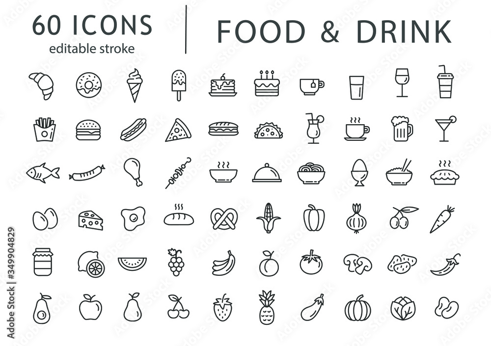 Food and drink - line icon set with editable stroke. Outline collection ...