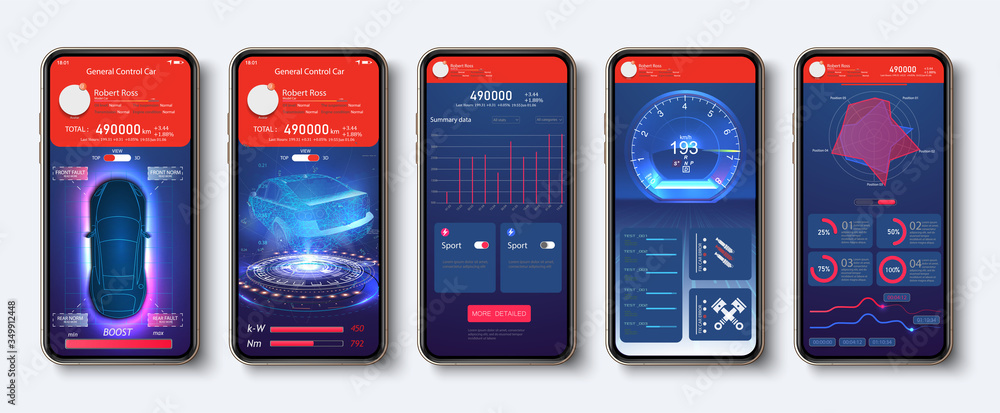 Car control app indicators of sensors and data online. Smart car ...