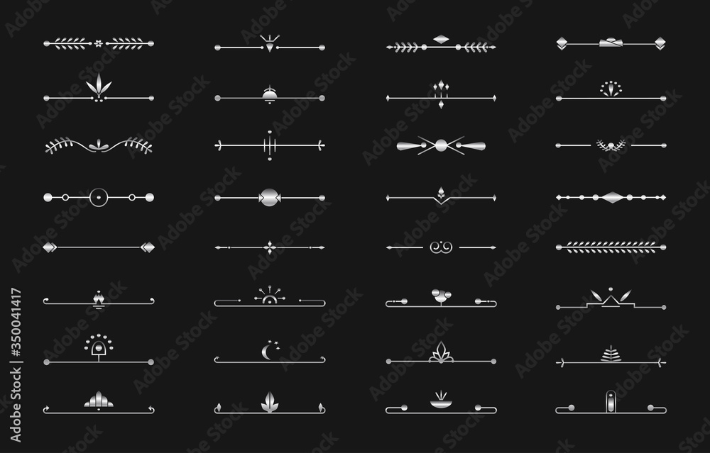 Divider silver line border set on black. Metallic text break. Graphic ...