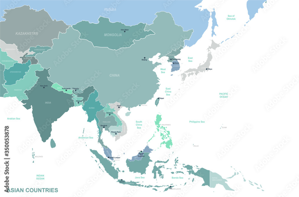 asia map. asia country named map. detailed vector map of asian ...