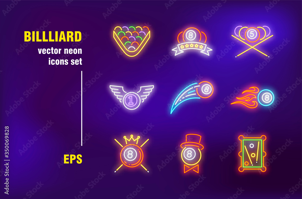 Billiard neon signs collection. Balls, numbers and cue. Vector ...