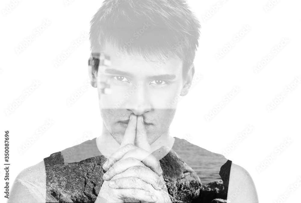 Secret man. guy shows hush be quiet. isolated on white background ...