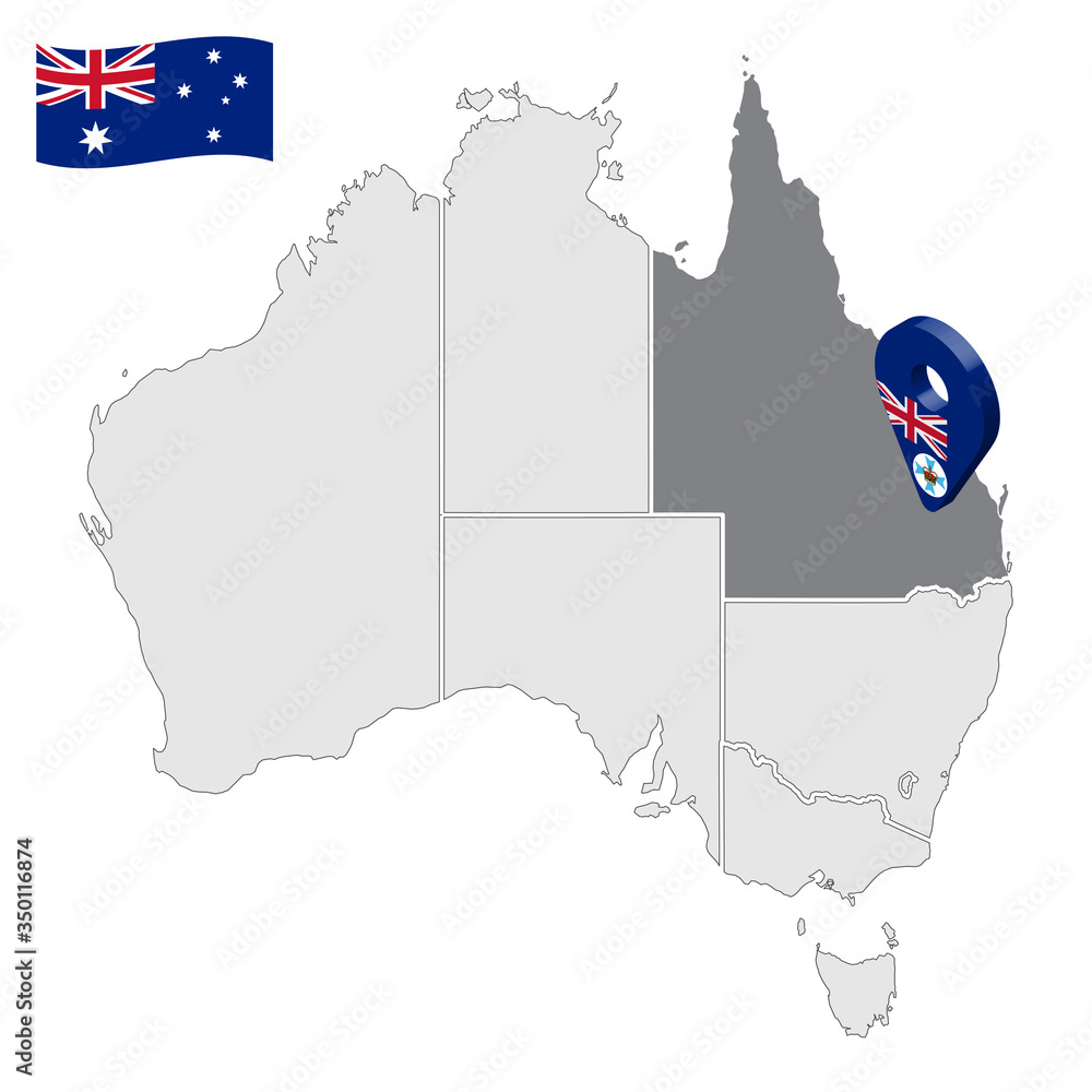 Location of Queensland on map Australia. 3d Queensland flag map marker ...