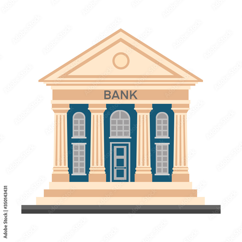 Bank finance building with columns vector colorful flat illustration icon isolated on white ...