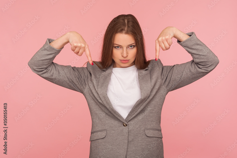 Here and right now! Portrait of strict angry brunette lady boss in ...