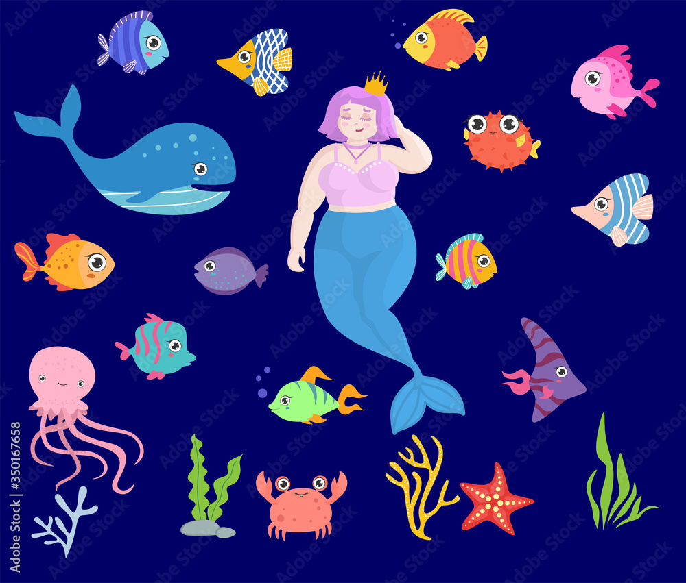 Vector set with sea animals and a plus size mermaid. Illustration of ...