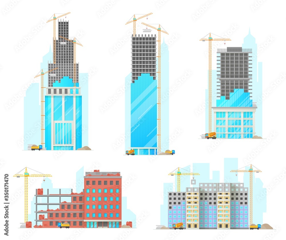 Building construction isolated cartoon vector icons. Industrial working ...