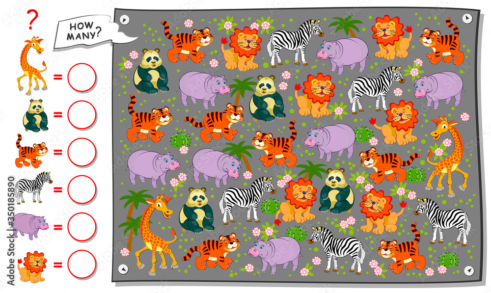 Math education for children. Count quantity of animals in zoo and write ...