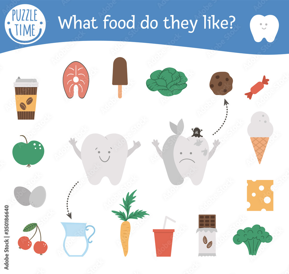Dental care matching activity with cute teeth and different products ...