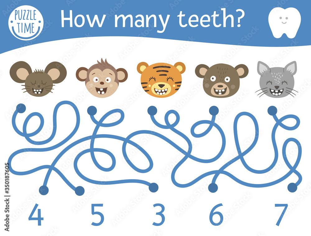 Dental care maze for children. Preschool math activity with toothy ...