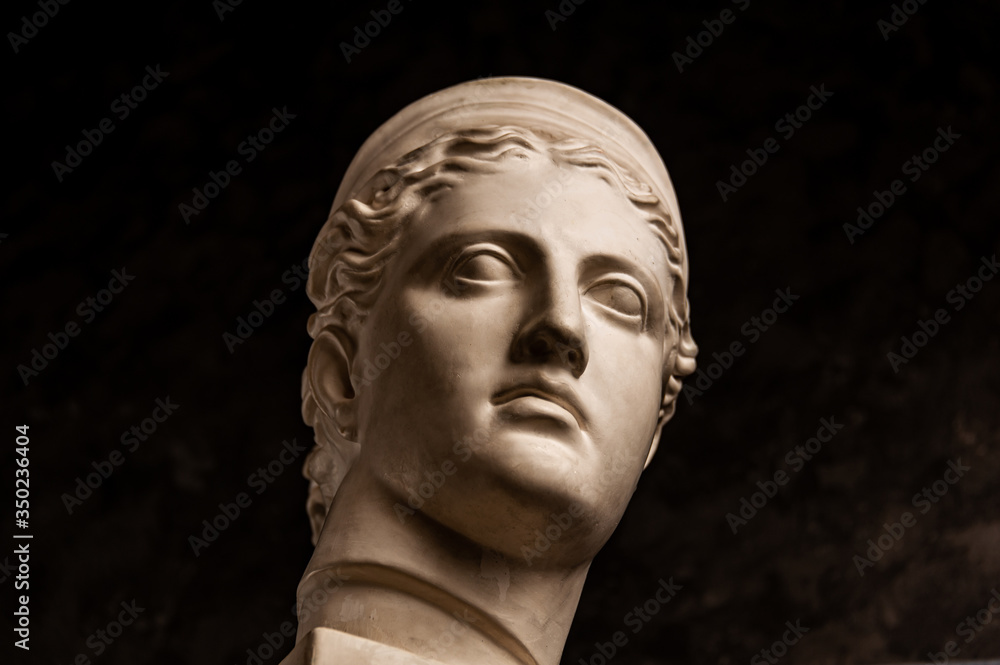 Group gypsum busts of ancient statues human heads for artists on a dark background. Plaster ...