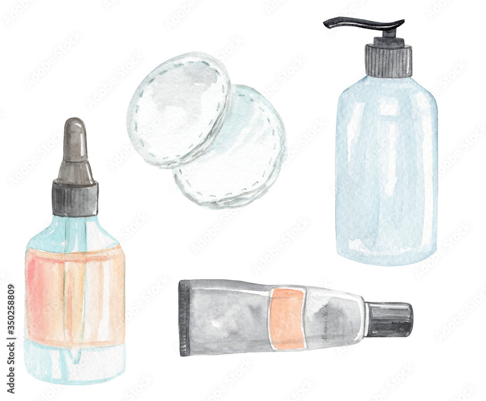 watercolor skin care blue bottles set isolated on white background. For ...