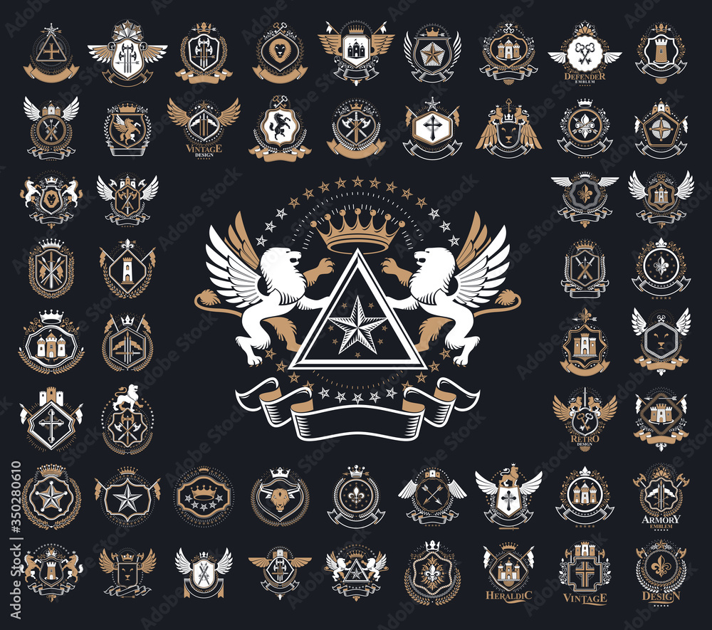 Heraldic Coat of Arms vector big set, vintage antique heraldic badges ...