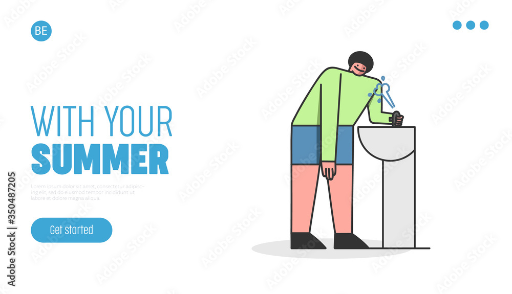 Concept Of Hot Summer Period Of Time. Website Landing Page. Man Weary From Heat. Character Is ...