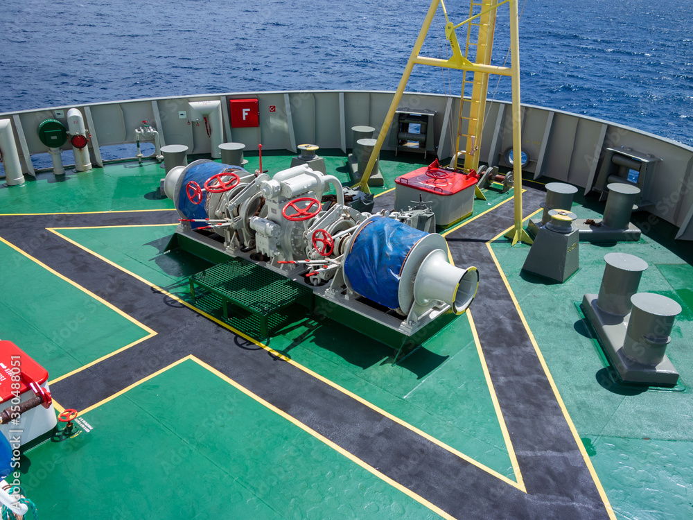 Ships forecastle deck. Ships forward mooring station. Ships windlass ...