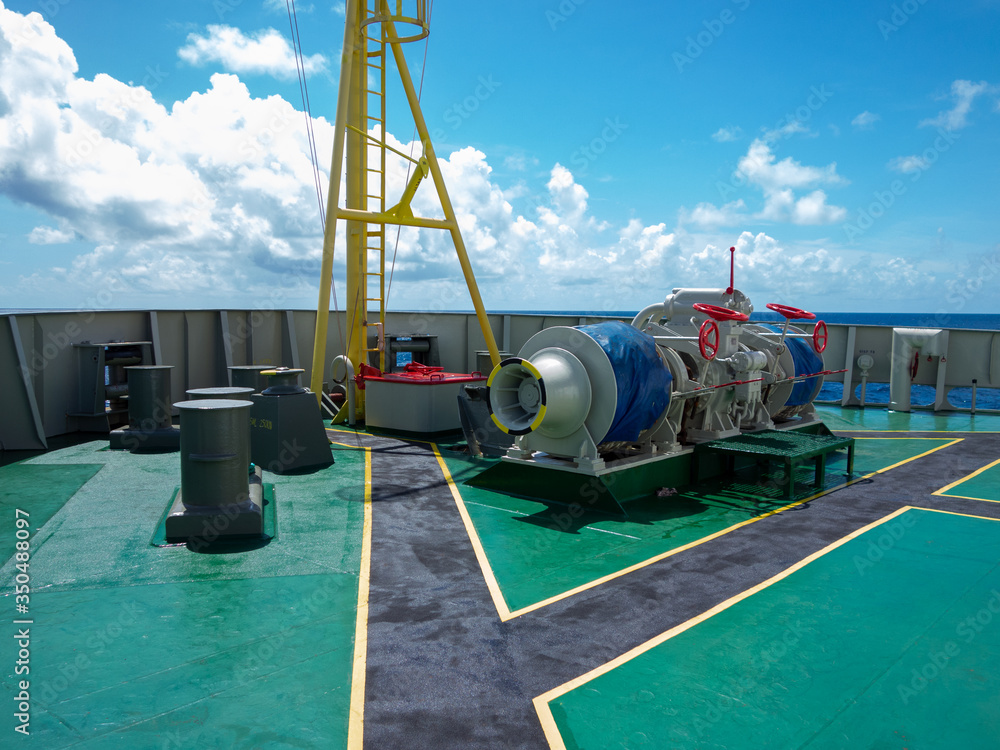 Ships forecastle deck. Ships forward mooring station. Ships windlass ...