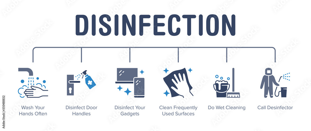 Disinfection tips poster with flat icons. Vector illustration included ...